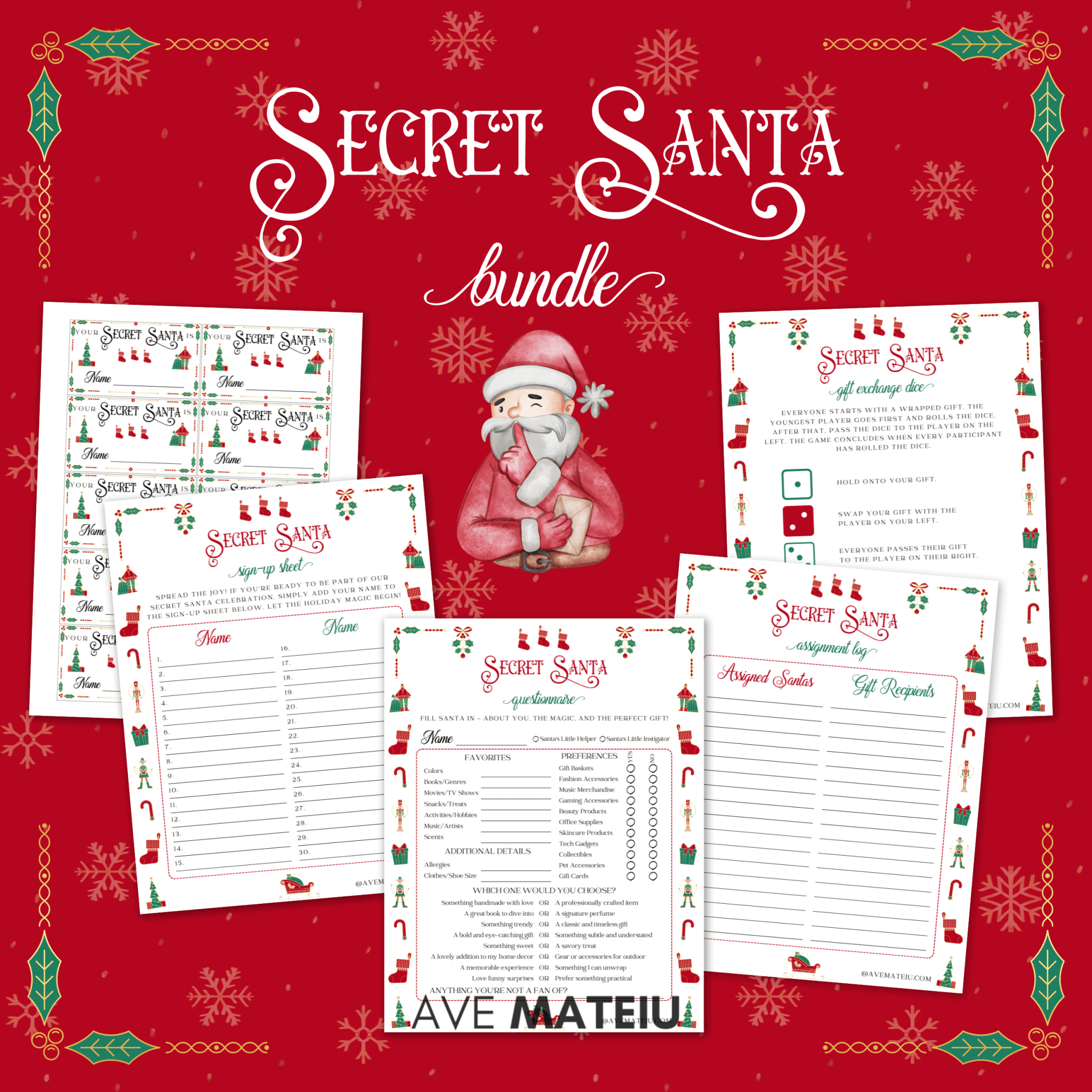 Printable Secret Santa Bundle – Holiday Party Games & Gift Exchange Kit ...