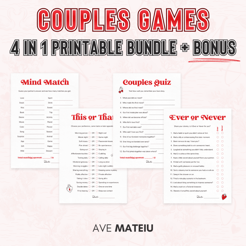 Couples Games Printable Bundle | 4 Fun Date Night Games + Bonus - Ave Mateiu